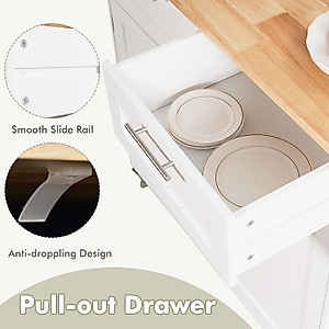 COSTWAY Kitchen Island Cart on Wheels, with Side Towel Bar, 2 Drawers, 2 Door Cabinet, Rolling Storage Trolley Cart with Rubber Wood Top & Lockable Casters (White)