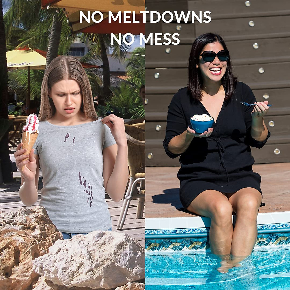 CALICLE - Insulated Ice Cream Bowl Set with Lid, Double Wall Vacuum Insulated Stainless Steel, for Cold and Hot Foods (Cereals, Soups, Snacks, Dips) - 12oz, Set of 2 (White Frost/Midnight Black)