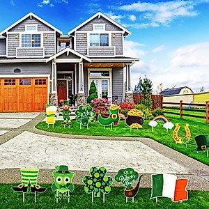 14 Pieces St. Patrick's Day Yard Sign Outdoor Garden Decorations Horseshoe Shamrock Leprechaun Yard Sign Irish Saint Patty's Day Lawn Outdoor Decor with Stakes