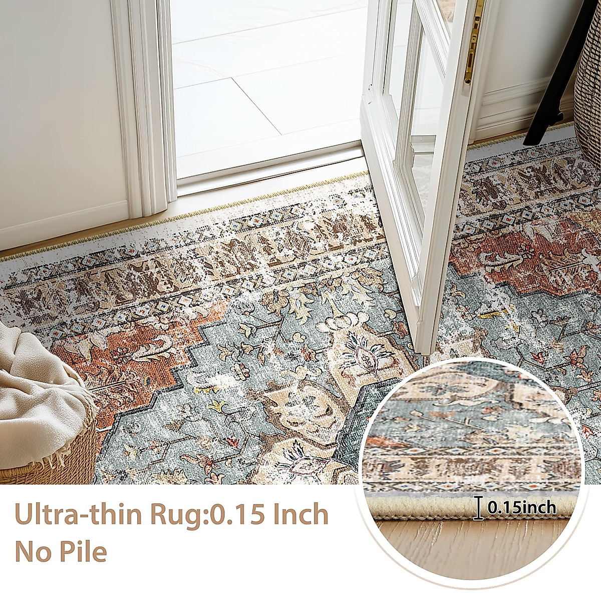 BESTSWEETIE Area Rug 8x10 Rugs for Living Room 8 x 10 Washable Rugs Non Slip Vintage Boho Living Room Rugs for Bedroom Dining Room, Distressed Floral Pattern Carpet, Green Brick Rust Red