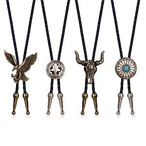 THUNARAZ 4Pcs Bolo Tie for Men Western Leather Necktie Cow Skull Bolo Tie Halloween Costume Accessories Necktie Men Women