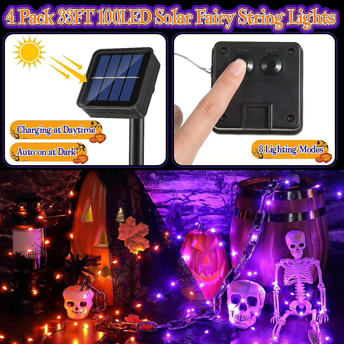 Hiboom 4 Pack Halloween Solar String Lights Outdoor, Each 33 Ft 100 LED 8 Modes Solar Orange Purple String Lights, Waterproof Black Copper Wire Fairy Lights for Halloween Home Patio Party Tree Decor