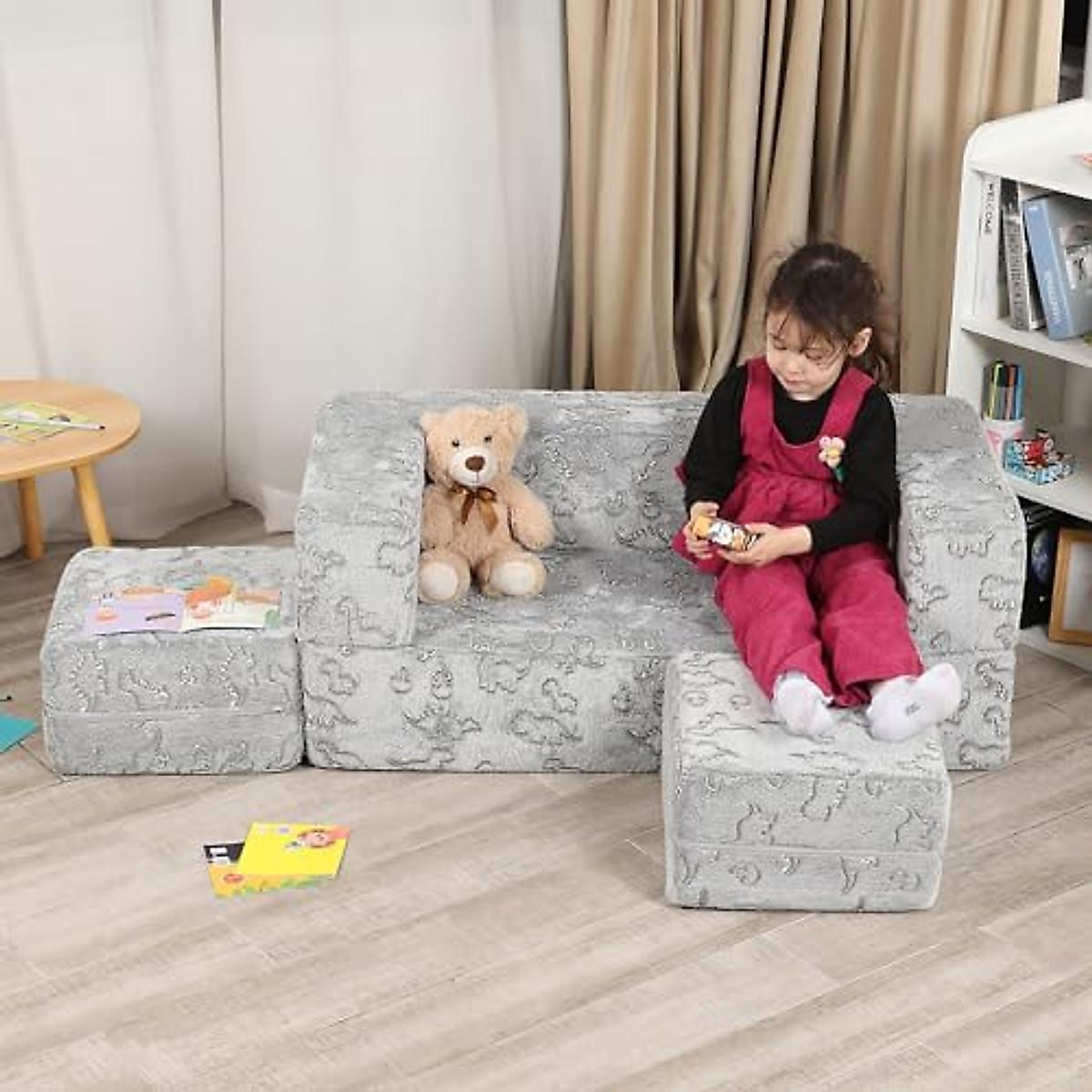 MOMCAYWEX 3pcs Kids Play Couch for Toddler, Glow in The Dark 3-in-1 Kids Couch Fold Out, Imaginative Kids Couch Play Set, Grey