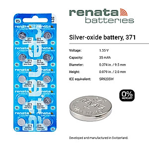 Renata 371 SR920SW Batteries - 1.55V Silver Oxide 371 Watch Battery (2 Count)