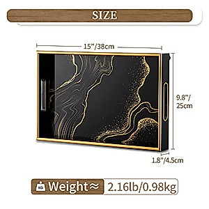 Hanobe Decorative Serving Tray Black: Coffee Table Tray with Handles for Ottoman Home Decor Modern Gold Rim Glass Drink Trays for Kitchen Counter Decanter Bar, Easy to Clean