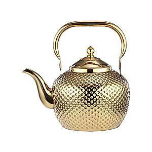 Alunsito Stove Top Tea Pot, Food Grade Stainless Steel Tea Kettle with Handle and Tea Strainer, 1.3qt Teapot Water Boilers for Home Kitchen Hotel Restaurant, Gold, 1.2 Liters