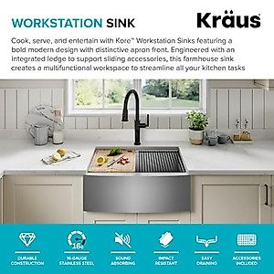 KRAUS Kore 27-Inch Farmhouse Workstation 16 Gauge Single Bowl Stainless Steel Kitchen Sink with Accessories, KWF210-27