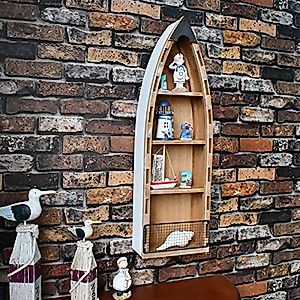 Veclotch Wooden Boat Decor with Shelf Hanging Wood Decoration for Wall, Rustic Nautical Standing Beach Theme Book Display Canoe Bathroom Bedroom Lake House