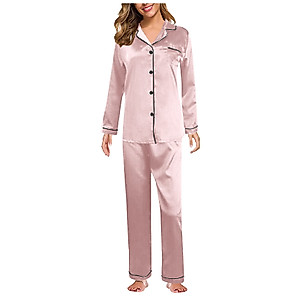 Aniywn Silk Satin Pajama Set For Women Soft Lounge Set Women's Silk Sleepwear Satin Long Sleeve Two Piece Pajama Pj Set B-pink
