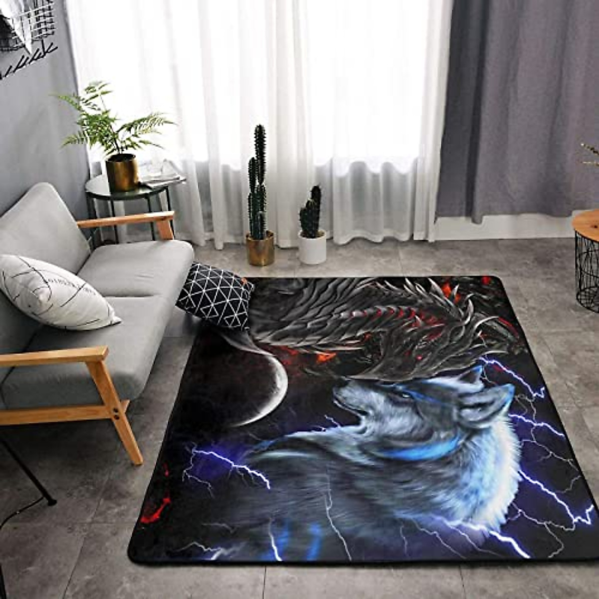 Red Blue Dragon and Wolf Rug Area Rug for Living Dinning Room Bedroom Kitchen, Nursery Rug Floor Carpet Yoga Mat