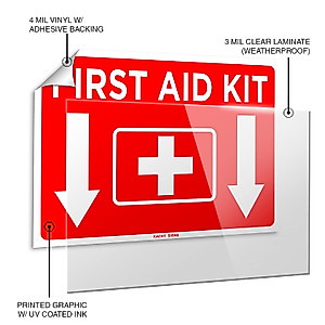 (Set of 2) First Aid Kit Sign - 10" x 7" 4 Mil Vinyl - LAMINATED For Ultimate Protection & Durability - Self Adhesive Decal - UV Protected & Weatherproof - Heavy Duty