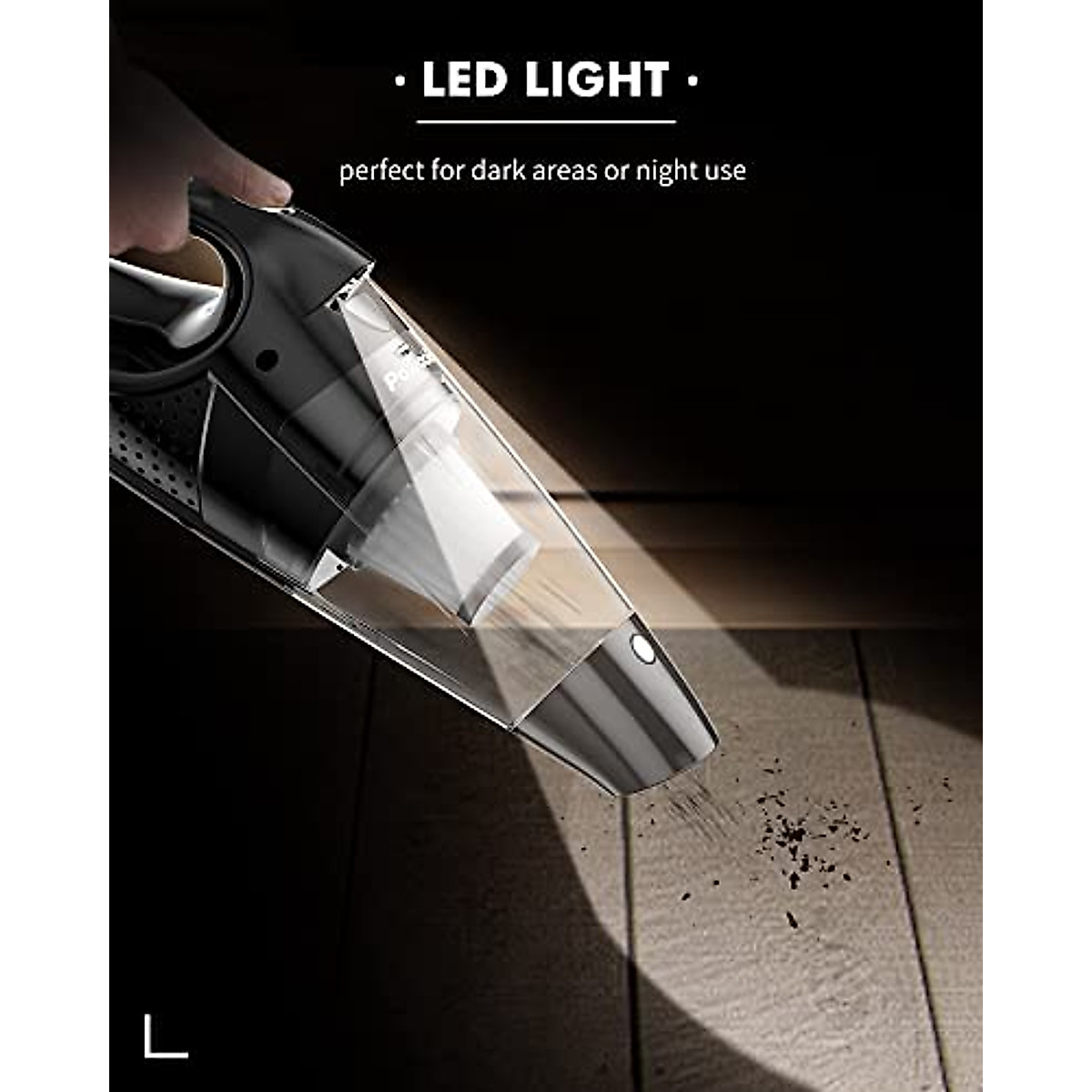Powools Handheld Vacuum Cordless Rechargeable - Car Vacuum Cleaner High Power with Fast Charge Tech, Portable Vacuum with 1-Touch Dust Empty, Lightweight Hand Vac with LED Light, Silver (PL8188)