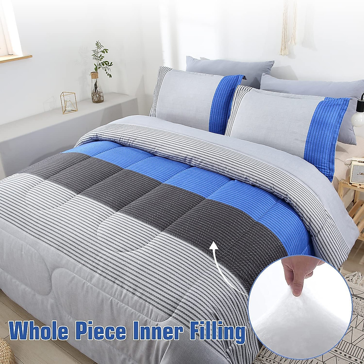 PERFEMET Blue Striped Comforter Set Full Size, 3 Pieces Grey and Blue Patchwork Stripe Bedding Set, Ultra Soft Microfiber Reversible Quilt Set for Teens Boys Adults