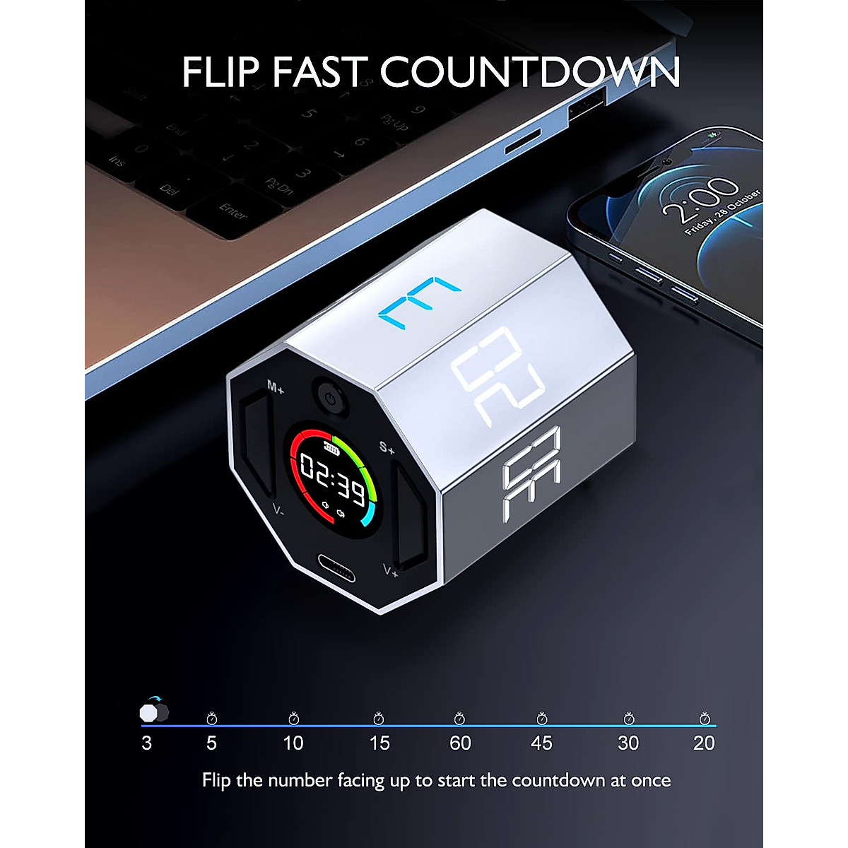 Pomodoro Timer, Magnetic Visual Timer with Flip Countdown, Silent & Alarm, Ideal ADHD Tools for Adults/Kids, Small Cube Digital Timer for for Office Productivity, Kitchen Cooking, Work, Study