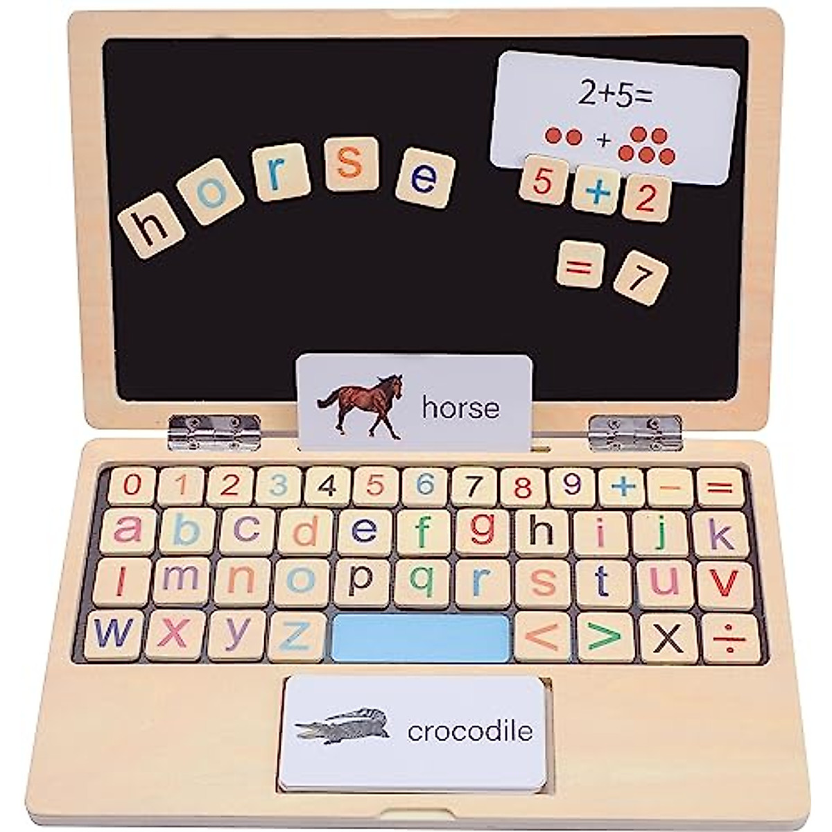 GeroCrew 11.8" My First Laptop: Wooden Learning Toy with Magnetic Letters, Flashcards & Chalkboard - Montessori Toddler Toys - Educational Toy for Kids Ages 3