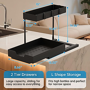 NATURE'S SOURCE 2-Tier Under Sink Organizer, 2 Pack Sliding L-shape Under Bathroom Cabinet Storage Drawer Organizer Multi-purpose Under Sink Shelf Organizer Storage for Bathroom Kitchen(Black 2 Pack)