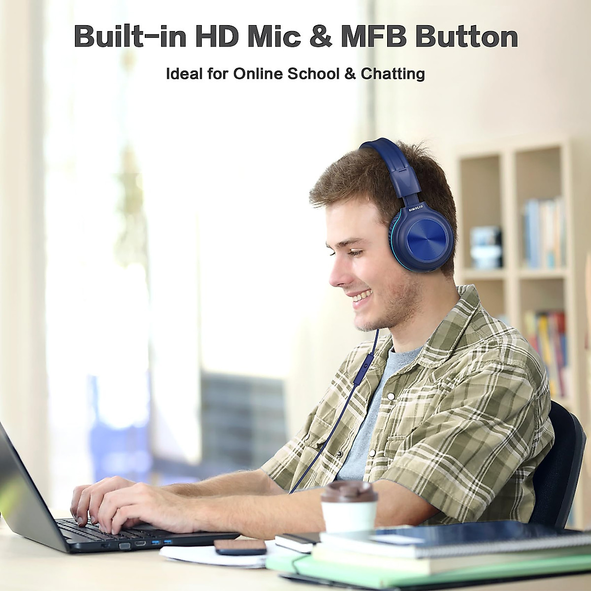 SIMOLIO Wired Kids Headphones for School with Microphone, Volume Limiting & Noise Cancelling PC Headset with Cord, Plug in Headphones for Tablet, Headphones with Cord for Laptop (Navy Blue)