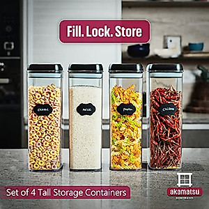 Akamatsu Homewares Set of 4 Extra Large Stackable Food Storage Containers with Airtight Sealable Lids - 110oz Kitchen Canisters for Flour Sugar Cereal Pasta Rice Dry Food - Pantry Organization and Storage - Space Saving - Rodent Proof - Smell Proof