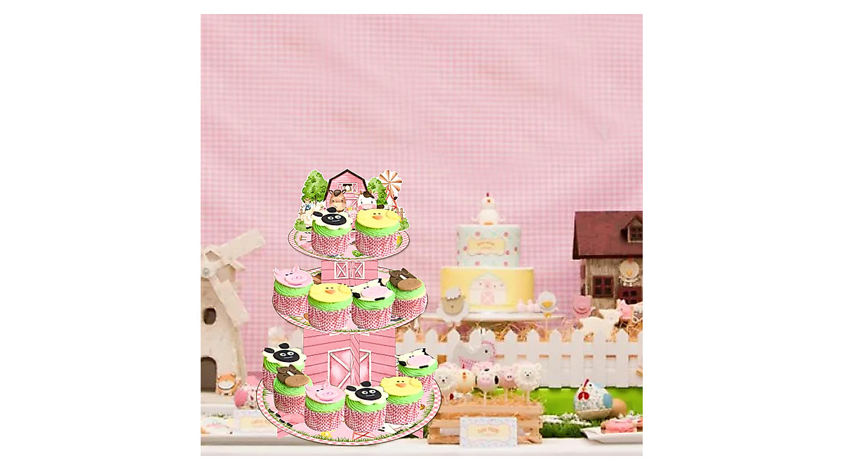 Pink Farm Animals Cupcake Stand 3 Tiers for Farm Parties & Baby Showers