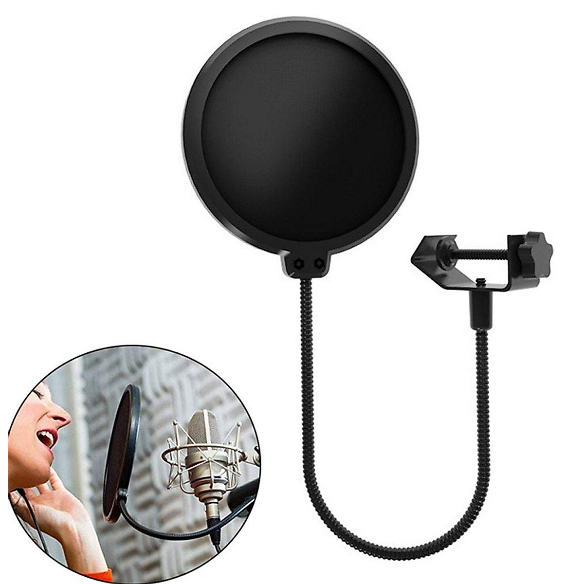 Tzong Microphone Pop Filter Mask Shield For Any Other Microphone, Dual Layered Wind Pop Screen With A Flexible 360° Gooseneck Clip Stabilizing Arm