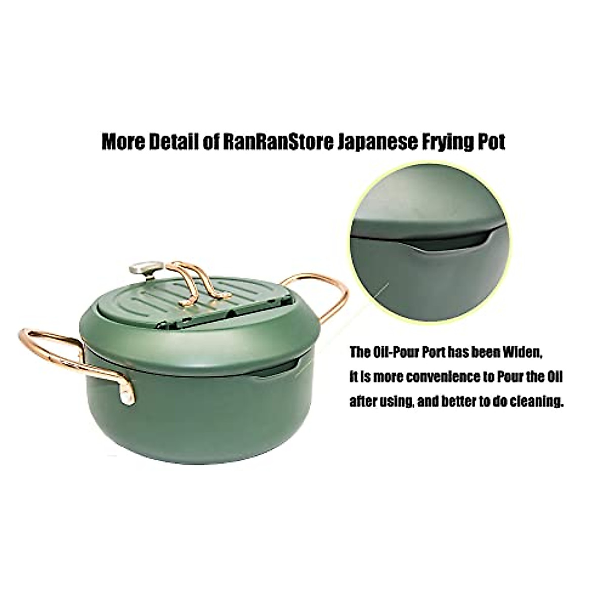 Cyrder Japanese Tempura Deep Fryer Pot with Fahrenheit Thermometer, Nonstick Carbon Steel Oil Fryer, Fried tempura/chicken/fish/shrimp, Easy Clean, Green big tempura pan, 9.5inch