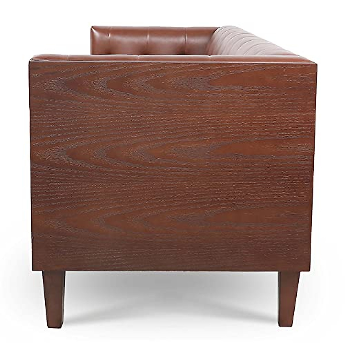 wirrytor Mid-Century Faux Leather 3 Seater Sofa, Modern Upholstered Tufted Leather Sofa Couch Furniture with 2 Bolster Pillows for Living Room Bedroom Office Apartment, Brown