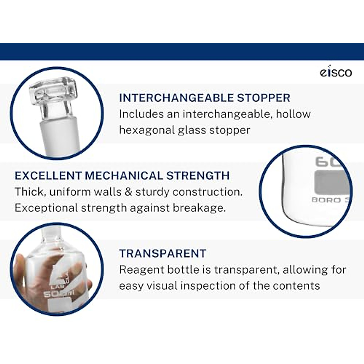 EISCO Reagent Bottle, 2000ml, 34/35 Interchangeable Hexagonal Hollow Stopper - Narrow Mouth - Borosilicate Glass Labs