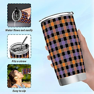 Jihqo Purple Orange Buffalo Plaid Tumbler with Lid and Straw, Insulated Stainless Steel Tumbler Cup, Double Walled Travel Coffee Mug Thermal Vacuum Cups for Hot & Cold Drinks 20oz