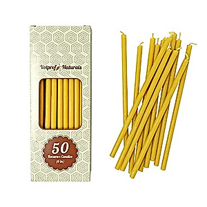 50 Natural 100% Pure Raw Beeswax Taper Candles ( 6") Natural Honey Scent Birthday Cake, Dripless, Smokeless, Nontoxic, Natural Cotton Wick