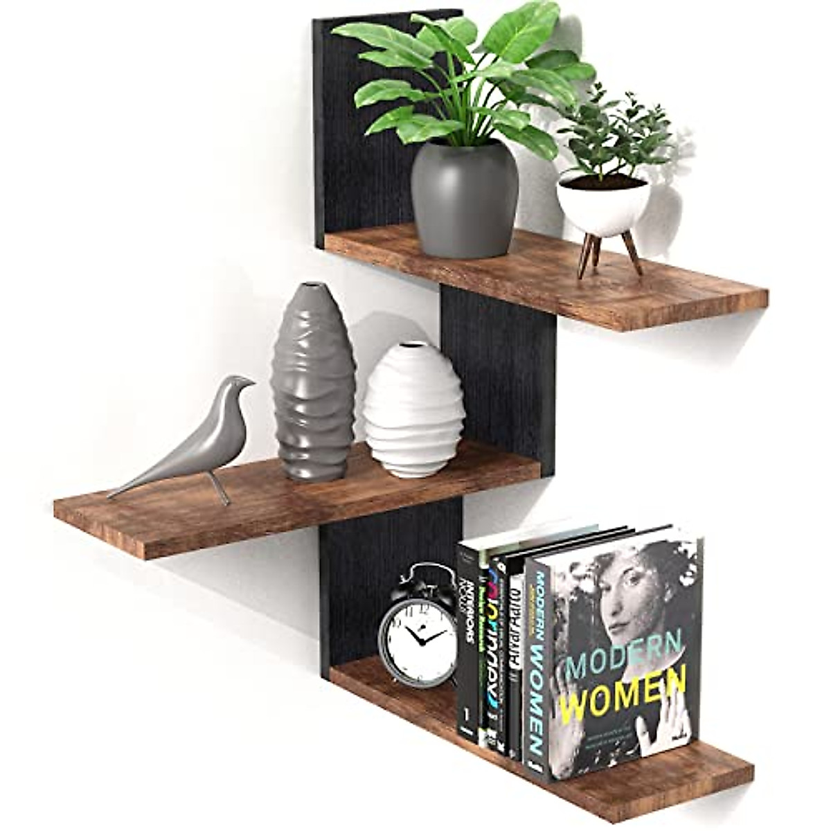 NiHome Floating Wall Shelves 3-Pack, Hanging Corner Shelves, Rustic Wood Book Shelves, Corner Bookshelf for Bedroom, Living Room, Bathroom, Wall Mounted Decor (Black & Brown)