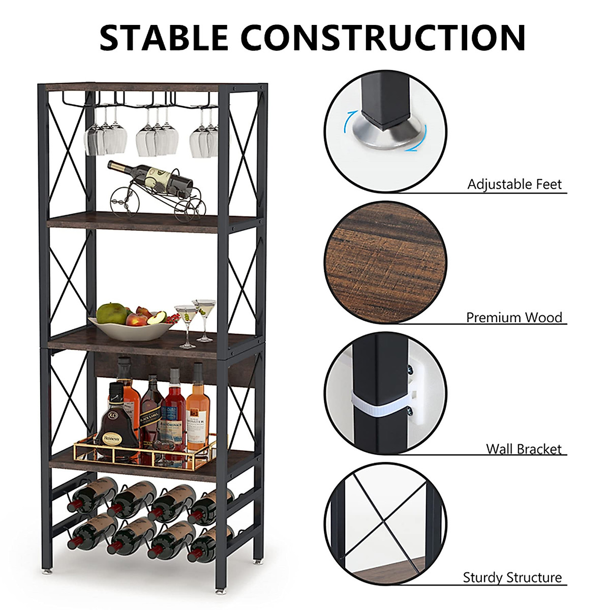 Tribesigns Wine Bakers Rack, 4-Tier Industrial Wine Rack freestanding Floor with Glass Holder and Wine Storage, Wine Bar Cabinet with Storage for Home Kitchen Dining Room, Rustic Brown