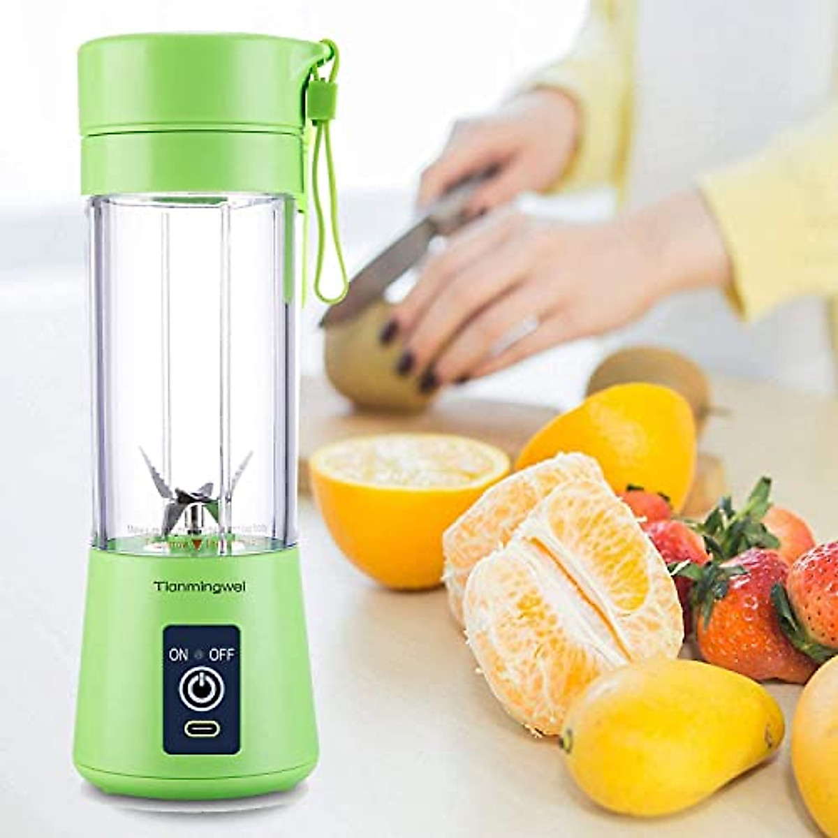 Tianmingwei Portable Blender Personal 6 Blades Juicer Cup Household Fruit Mixer with Magnetic Secure Switch USB Charger Cable 400ml (Green)