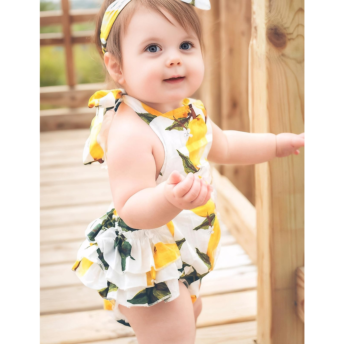 PrinceSasa Baby Girl Clothes Lemon Floral Ruffles Summer Dress and Headband for Newborn Gifts,A6,0-6 Months(Size S)