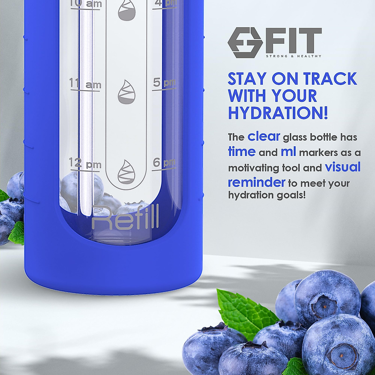FIT Strong & Healthy 32 oz Glass Water Bottle with Time Marker & Silicone Sleeve - w/Handle & 2 Leakproof Lids Straw & Spout Lid, Wide Mouth, BPA Free 1 Liter Motivational Drinking Bottle, Royal Blue