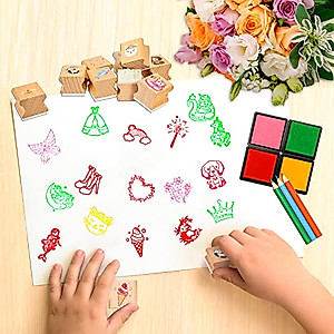 Zayvor Kids Stamps Set, Girls Wooden Rubber Stamp with Ink Pad Colored Pencil, Holiday Square Craft Stamp for Stamping Scrapbooking Crafting Booking Card Making Stocking Filler,Party Favor Gift