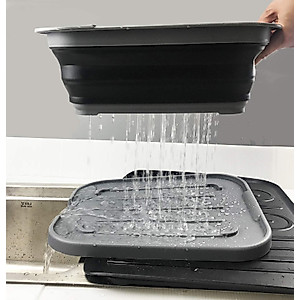 SAMMART Collapsible Dish Drainer with Tray - Foldable Drying Rack Set - Portable Dinnerware Organizer - Space Saving Kitchen Storage Tray (1, Grey/Black)