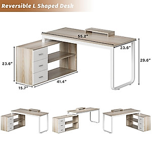 HOMBCK Home Office Computer Desk with 3 Drawers and Storage Shelves, 55 Inch Large L Shaped Desk with Drawers & Removable Monitor Stand, Reversible Corner Desk for Working, Studying, Walnut and White