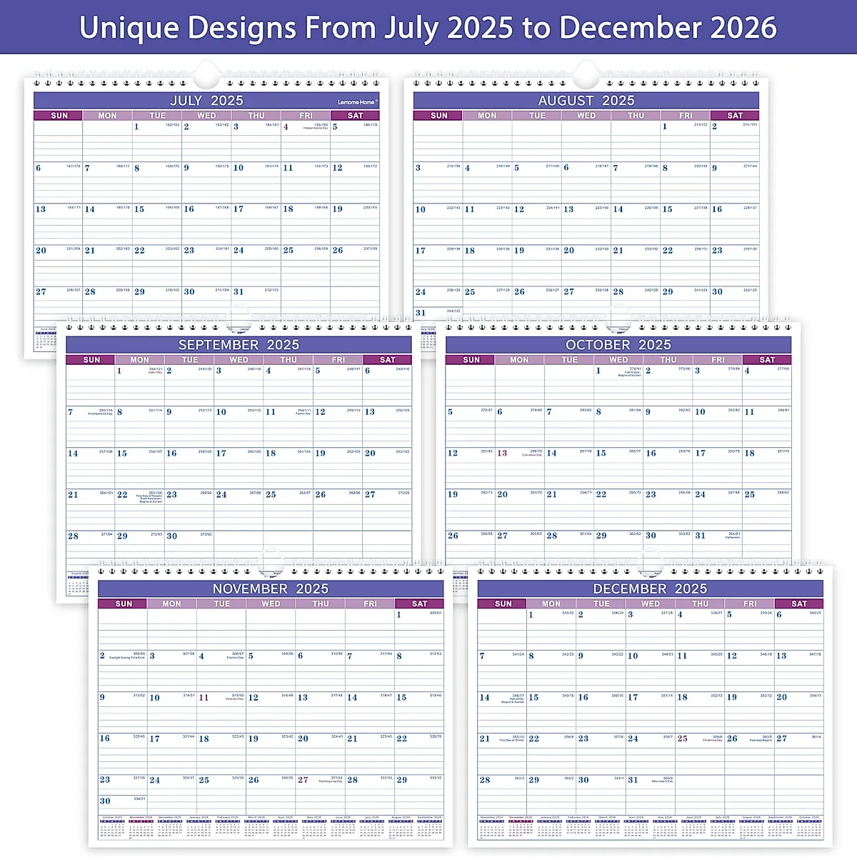 2025-2026 Wall Calendar - 2025-2026 Calendar, Jul.2025 - Dec. 2026, 11" x 8.5", 18 Monthly Calendar 2025-2026, Hanging Hook + Ruled Blocks - Purple