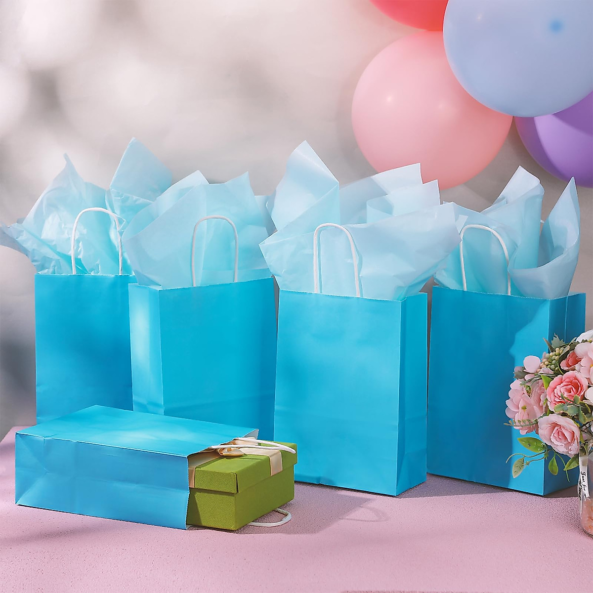 Kosiz 100 Pcs Small Gift Bags with Handles Bulk Include 50 Pcs Paper Bags and 50 Pcs Tissue Papers for Christmas Holiday Birthday Baby Shower Wedding Party Supplies Gifts(Blue)