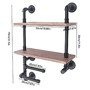 VPABES 2-Shelf Wall Floating Shelf Unit, Rustic Industrial Pipe Wooden Storage Shelving Bathroom Shelves Wall Mounted with 2 Towel Bars Hanging Shelf for Living Room, Bathroom, Bedroom