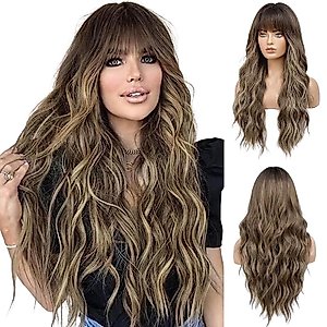 HAIRCUBE Brown with Blonde Highlight Wig Long Curly Wig with Bangs Brown wig Natural Appearance Heat-Resistant Synthetic Wig Suitable for Fashionable Women