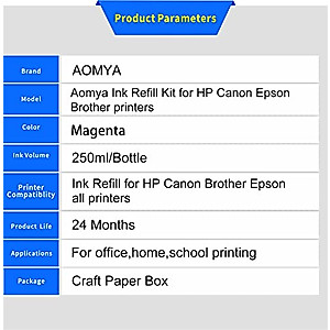 Aomya Ink Refill Kit 250ml Magenta Universal Dye Bulk Ink for Canon HP Epsn Brother Inkjet Printers Refillable Cartridge CISS CIS System (9 oz) with Syringe&Glove