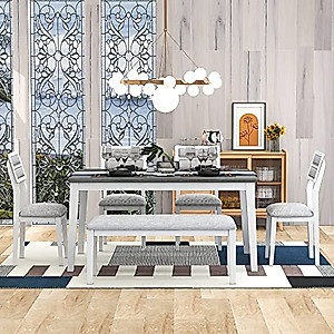 SIYSNKSI Modern 6 Piece Dining Table Set, Wood Dinette Table with 4 Upholstered Chairs and Bench, Classic Traditional Style Kitchen Table Set for 6 People (White+Gray)