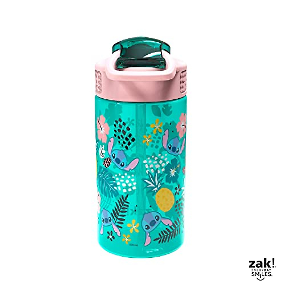 Zak Designs Kids Durable Plastic Spout Cover and Built-in Carrying Loop, Leak-Proof Water Design for Travel, (16oz, 2pc Set), Lilo and Stitch 2pk