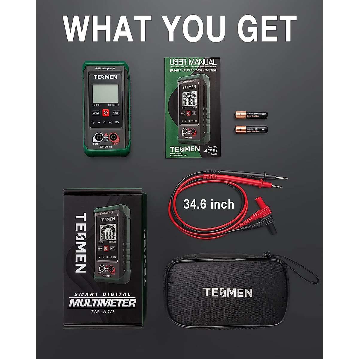 TESMEN TM-510 Digital Multimeter, 4000 Counts, Smart Measurement, Auto-Ranging Voltmeter; Voltage Tester with Non-Contact Voltage Function, Measures AC/DC Voltage, Resistance, Continuity – Green