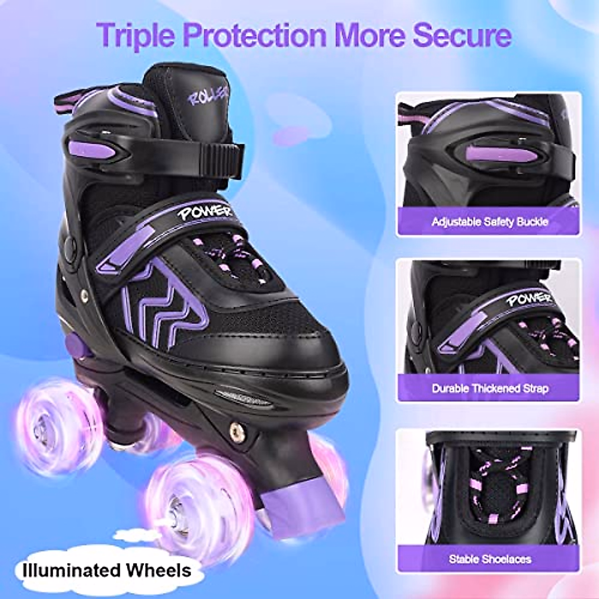 Kids Roller Skates for Girls Ages 6-12, Black&Purple 4 Sizes Adjustable Boys Roller Skates with Light up Wheels Medium Size