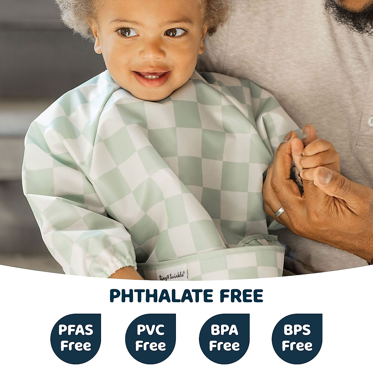 Tiny Twinkle Mess Proof Baby Bib, Cute Full Sleeve Bib Outfit, Waterproof Bibs for Toddlers, Machine Washable, Tug Proof, Baby Smock for Eating, Long Sleeved (Checkers Sage, Small 6-24 Months)