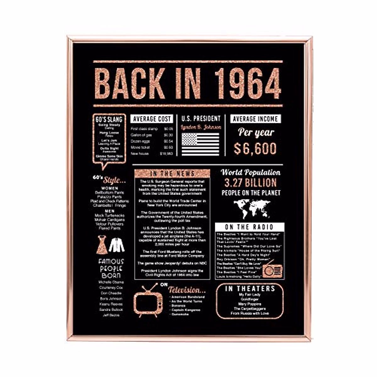 Katie Doodle Rose Gold 60th Birthday Decorations Party Supplies Anniversary Centerpiece Gifts for Women Turning 60 Years Old - Includes 8x10 Back in 1964 Print [Unframed], Rose Gold