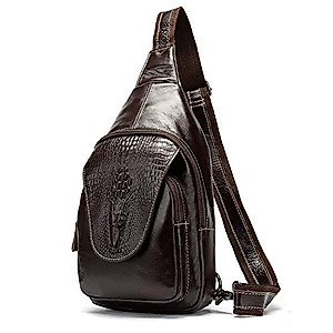 NIUCUNZH Handmade Genuine Leather Crossbody Sling Bag Crocodile Embossing Chest Bag Waterproof Shoulder Bag Coffee