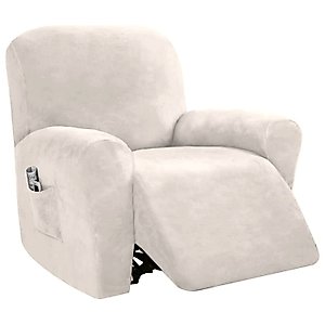 PrinceDeco Recliner Chair Cover Velvet Stretch Recliner Couch Covers 4-Pieces Style Recliner Chair Covers Recliner Cover for Reclining Chair Slipcovers Feature Non Slip Form Fitted Thick Soft, Ivory